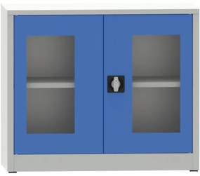 Kovona Svařovaná policová skříň s prosklenými dveřmi, 800 x 950 x 500 mm, šedá/modrá