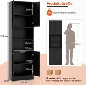 Costway 190 cm vysoká kuchyňská skříň, úložná vysoká s dvířky, černý