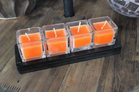 Oranžové svíčky v skle na dřevěné táck 20cm