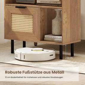 Costway Boho ratanový noční stolek Accent s úložnou skříňkou a kovovými nohami