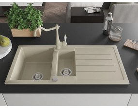 Mexen Andres, granitový dřez 1000x500x200 mm, 1,5-komorový a dřezová baterie Carla, béžová, 6515-69-670700-69