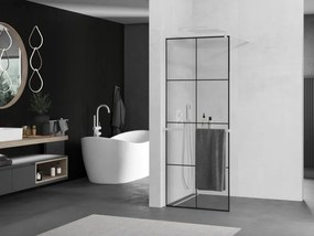 Mexen Kioto+, sprchová zástěna Walk-In s poličkou a věšákem 70 x 200 cm, 8mm čiré sklo černý vzor, ​​bílý profil, 800-070-121-20-77
