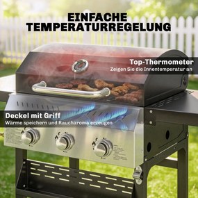 Plynový gril 9 KW 3 hořáky BBQ grilovací vozík z nerezové oceli včetně skládacího bočního stolku držák na koření spodní police 6 háčků