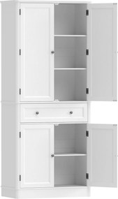 HOMCOM 186,4 cm vysoká kuchyňská skříň se čtyřmi dvířky, zásuvkou a nastavitelnými policemi, bílá – 80 x 39,5 x 186,4 cm