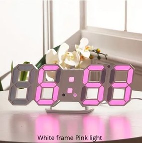3D LED nástěnné nebo stolní digitální hodiny Barva: Růžová, Varianta: bílý rámeček