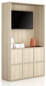Kancelářská skříň FRAME, 6x dveře, prostor pro TV, 1299 x 450 x 2162 mm, zámek PUSH-lock, dub přírodní