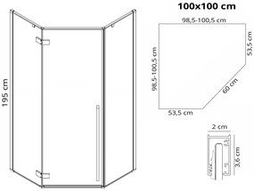 Pětiúhelníkový sprchový kout REA DIAMOND 100x100 cm, černý matný/transparent - bez vaničky