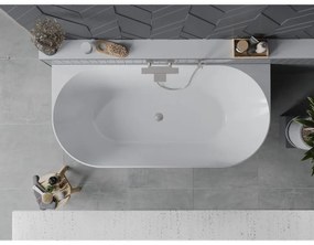 Mexen Oval Slim, volně stojící vana ke stěně 170 x 80 cm, bílá lesklá, broušená ocel přepad, 52661708000-97