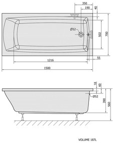 Polysan LILY SLIM obdélníková vana 150x70x39 cm, bílá, 72273S