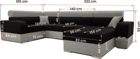 IDZ Rohová sedačka INFINITY SUPER do U, 332 cm Roh pohovky: Levý roh, Barva látky: Černá a světle šedá (Bahama 36 + Bahama 34)