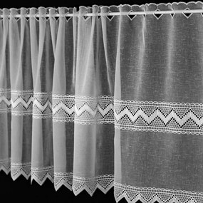 Českomoravská textilní vitrážová záclona, polyesterový batist V309 vyšívaný proužek s vlnkou, s bordurou, bílá, výška 40cm (v metráži)