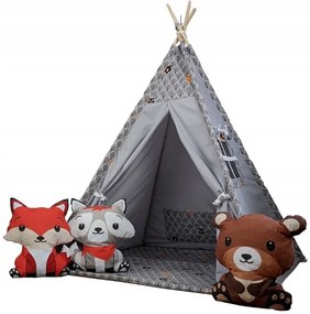 Dětský stan TEEPEE (TÝPÍ) ANIMALS s doplňky - MEDVÍDEK A KAMARÁDI - šedý