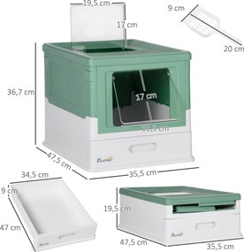 Zavřená kočičí toaleta PawHut s odnímatelným hygienickým dnem a vstupem vpředu, výstupem nahoře a lopatkou pro kočky do 5 kg, 47,5x35,5x36,7 cm, zele…