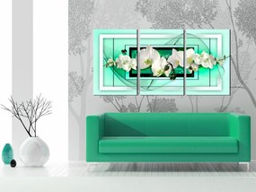 Obraz Duben (3-dílný) - Bílé květy orchidejí na tyrkysovém pozadí
