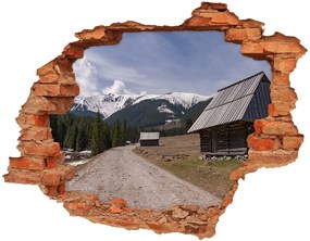 Wallmuralia Díra 3D ve zdi nálepka Dům v horách 90x70 cm