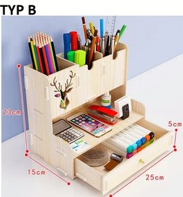 Stolní dřevěný organizér na kancelářské potřeby, 4 typy Barva: Béžová, Varianta: TYP B