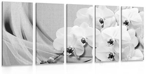 5-dílný obraz orchidej na plátně v černobílém provedení - 100x50 cm