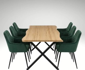 Vikio Jídelní set pro 6 osob 180x90 cm soft dub noha X zelená židle s područkami VJS228-6Z