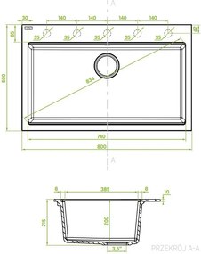 Laveo Tau, 1-komorový granitový dřez 800x500x215 mm, černá, LAV-SBT_B108