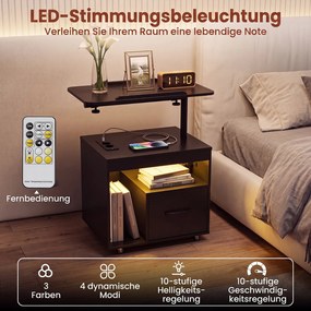 Costway Noční stolek s kolečky LED s nabíjecí stanicí a zásuvkami v černé barvě