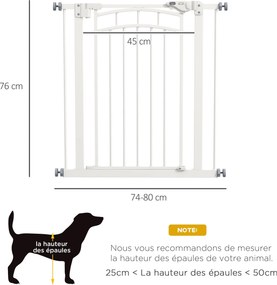 PawHut Rozšiřitelná bezpečnostní brána pro psy 74-80 cm, dvojité zamykání, automatické zavírání, tlaková montáž pro schody, výška 76 cm, bílá