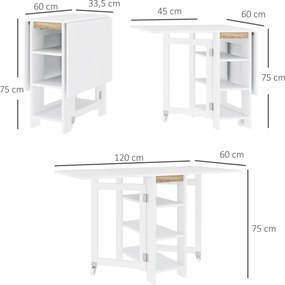 HOMCOM Skládací Stůl s Odepínacími Křídly – Jídelní Stůl Skládací Kuchyňský Stůl s 2 Kolíky a Policemi Moderní Styl 120x60x75 cm Bílá