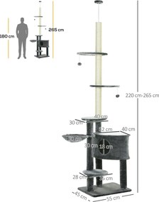 Strom pro kočky PawHut s nastavitelnou výškou H220-265 cm, nosnost do 30 kg, strom pro kočky s bidýlky, hracím míčem a postranním pelíškem, tmavě šed…