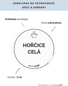 Samolepka na kořenky HOŘČICE CELÁ průhledná 5 cm tučné písmo