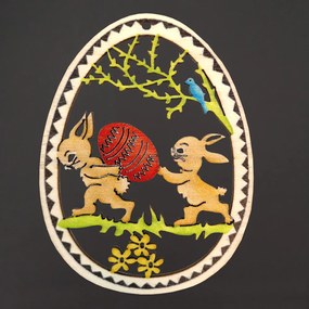 AMADEA Dřevěná dekorace vajíčko zajíčci s vajíčkem, velikost 9 cm, český výrobek