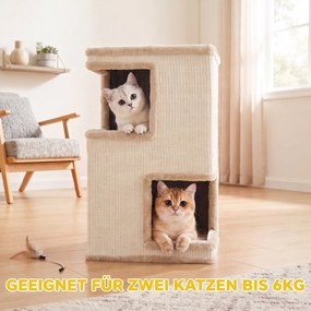 PawHut 3patrová kočičí věž do interiéru, polouzavřená kočičí jeskyně se škrabadly kolem dokola, 2 kočičí jeskyně D30-995V00BG