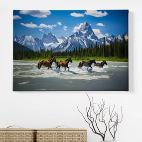Obraz na plátně - Koně brodí řeku v horách FeelHappy.cz Velikost obrazu: 120 x 80 cm
