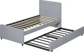 HOMCOM vysouvací postel 90 x 190 cm, jednolůžko/dvoulůžkový rám s kovovým lamelovým roštem, polstrovaná hlavová a nožní část, světle šedá