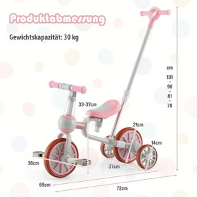 Costway Dětské kolo 4 v 1 předškolní kolo s rukojetí pro rodiče růžové, růžový