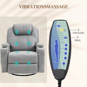 Masážní křeslo HOMCOM Relaxační křeslo s 8 vibračními body, 5 režimů, funkce polohování, nosnost 150 kg, imitace kůže, světle šedá | Aosom.de
