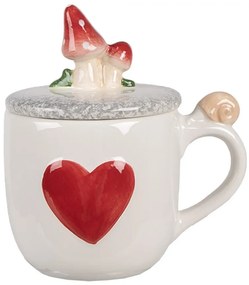 Bílý hrnek se srdíčkem a víčkem s houbičkami - 14*10*9 /15 cm / 400 ml