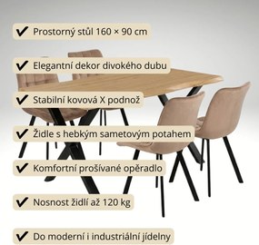 Vikio Jídelní set pro 4 osoby 160x90 cm dub noha X béžová židle VJS236-4BE-S