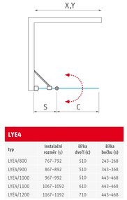 Sprchové dveře jednokřídlé s pevnou částí LZDO1 Viz technická specifikace Transparent Brillant LYE4/800+LYE4/1100 800 1100 LYE4/800_LYE4/1100