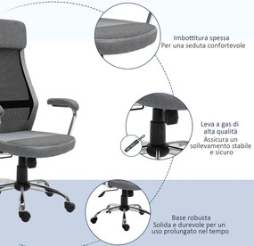 Vinsetto Ergonomická otočná kancelářská židle, nastavitelná výška a funkce houpání, síťovina, 65x67x119-129cm, Šedá