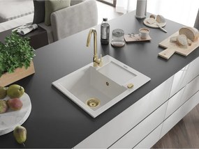 Mexen Enzo, granitový dřez 576x465x174 mm, 1-komorový, bílá se zlatým sifonem, 6506571005-20-G
