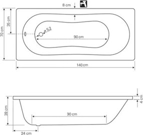 Aqualine Jizera G1470 obdélníková vana 140 x 70 cm akrylátová