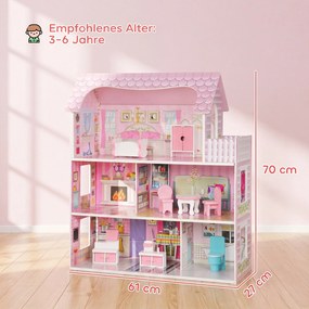 AIYAPLAY třípatrový domeček pro panenky s LED, růžový