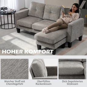 HOMCOM Rohová pohovka ve tvaru L, čalouněná polyestrem, s reversibilním lenoškou a 3 polštáři pro obývací pokoj, nosnost 180 kg, 186x130x84 cm, hnědá…