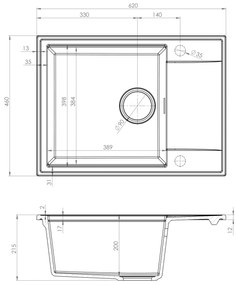 Sink Quality Sink55, kuchyňský granitový dřez 620x460x215 mm + grafitový sifon, černá, SKQ-SINK.C.1KKO.XB
