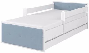Dětská postel Max XL Čalouněná 180x90 cm - Bílá - 2x krátká zábrana bez šuplíku - čalounění Modrá