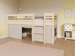 Benlemi Nízká vyvýšená postel TULY s žebříkem 90x200 cm Zvolte barvu: Pastelově růžová, Zvolte stranu: Vpravo, Zvolte variantu: Se závěsem
