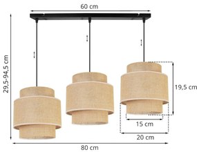 Závěsné svítidlo BOHO, 3x jutové stínítko, (výběr ze 2 barev konstrukce)