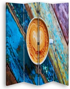Ozdobný paraván Šálky na kávu Retro Wood - 145x170 cm, čtyřdílný, obustranný paraván 360°