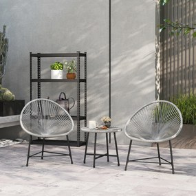 Outsunny 3dílná sada zahradního nábytku, 2 plastové ratanové židle, 1 stůl se skleněnou deskou, ocelový rám, venkovní sedací nábytek, šedá barva