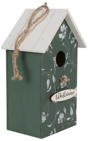 Zelená dřevěná budka pro ptáčky s listy a cedulí Welcome – 15x10x22 cm