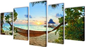 Set tištěných obrazů na plátně pláž s houpací sítí 200 x 100 cm 241563